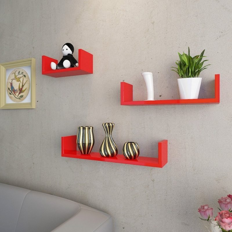 Decorative Wall Shelves Set of U Shape Floating Wall Shelf - Red