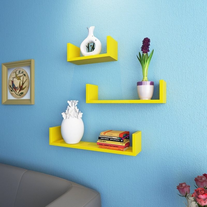 Decorative Wall Shelves Set of U Shape Floating Wall Shelf - Yellow