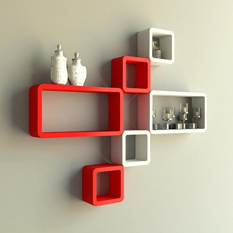 Wall Shelf Set 6 Cube Rectangle Shelves - Red And White