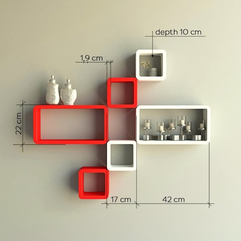 Wall Shelf Set 6 Cube Rectangle Shelves - Red And White