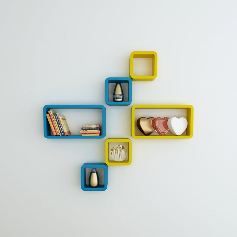 Wall Shelf Rack Set Mounted Shelves - Sky And Yellow