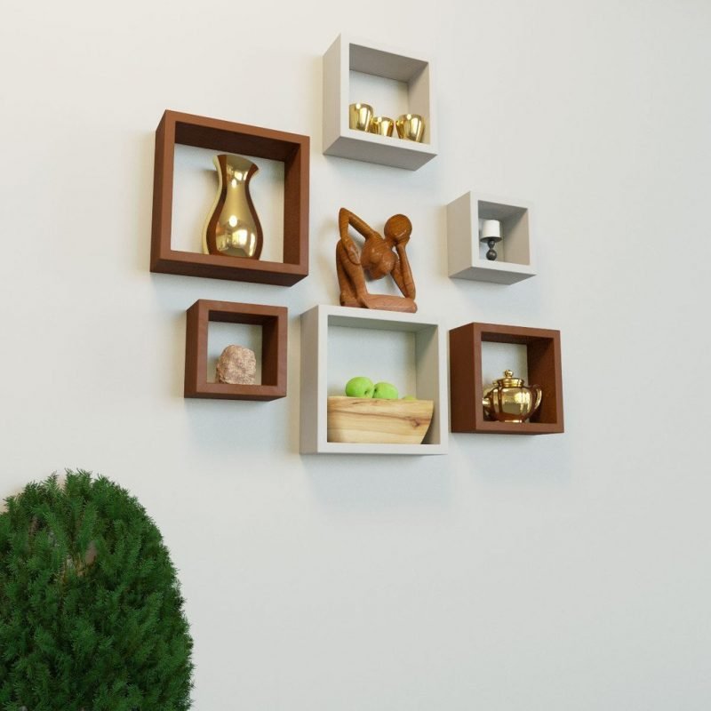 Nesting Square Wall Shelves Rack Unit - White And Brown