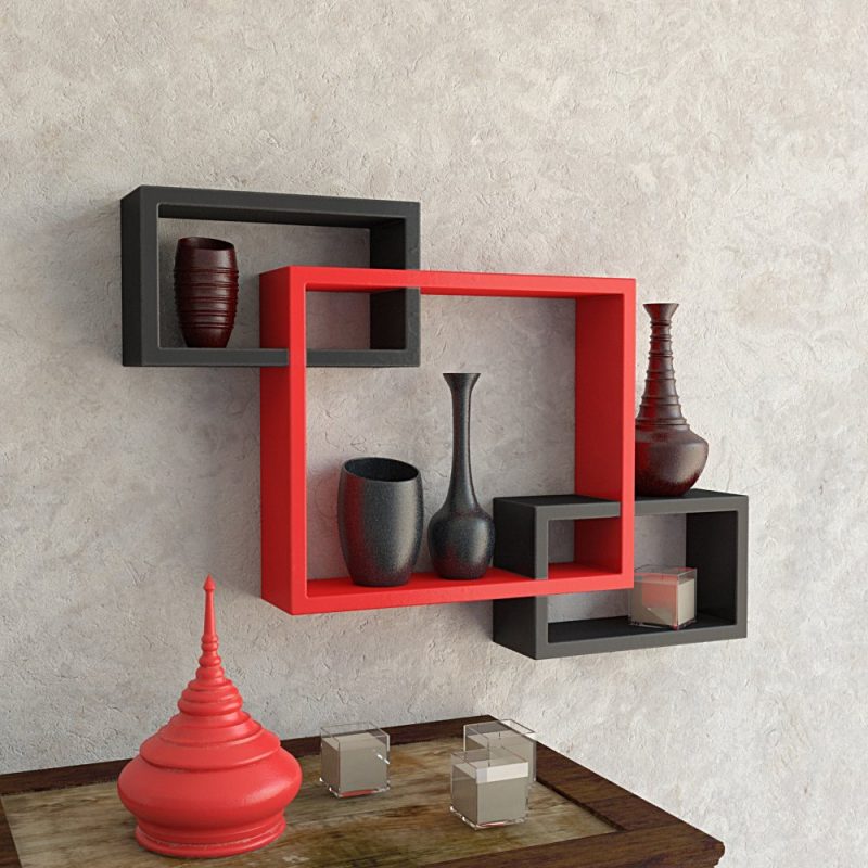 Set of 3 Rectangular Intersecting Floating Wall Shelf- Black & Red