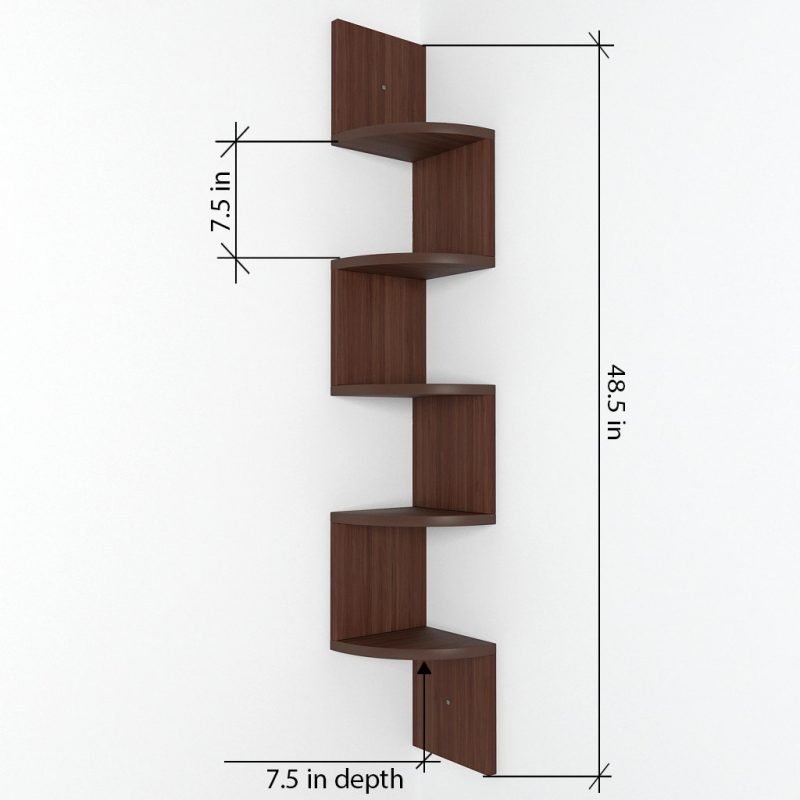 Corner Shelf ZigZag Shape 5 Curved Shelves - Rich Walnut