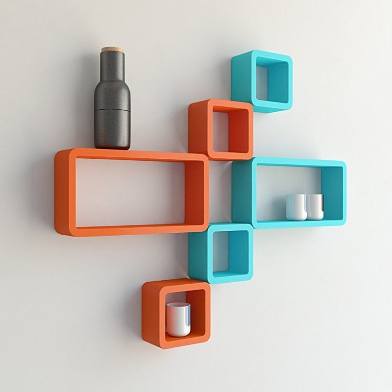 Six Cube Rectangle Floating Display Shelves Set- Sky Blye & Orange