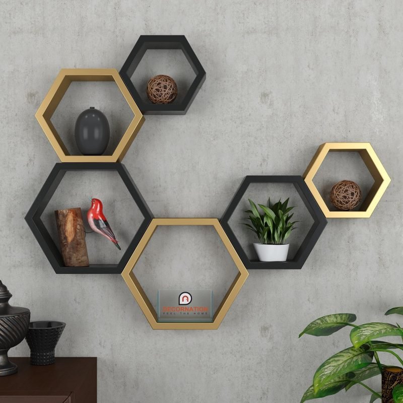 Set Of 6 Decorative Hexagon Wall Shelves - Golden & Black