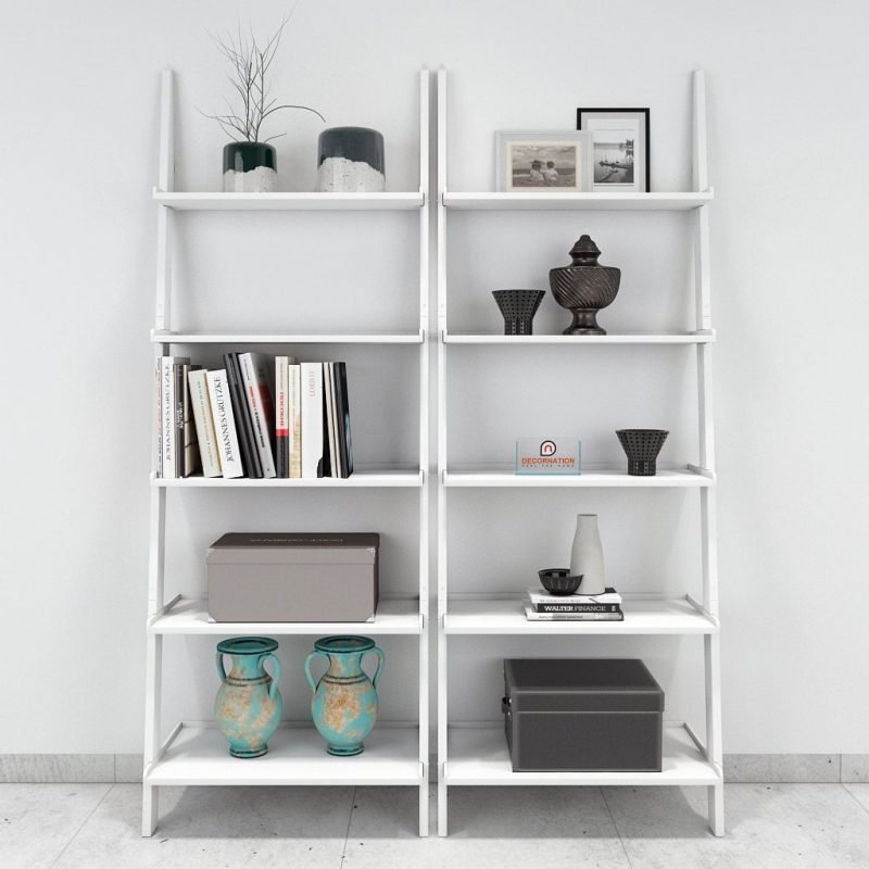 Jasper Leaning Wall Bookcase Set of 2 Ladder Shelf - White