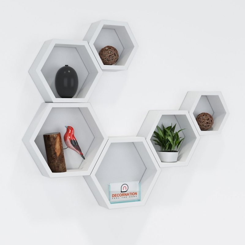 Set Of 6 Decorative Hexagon Wall Shelves Unit - White