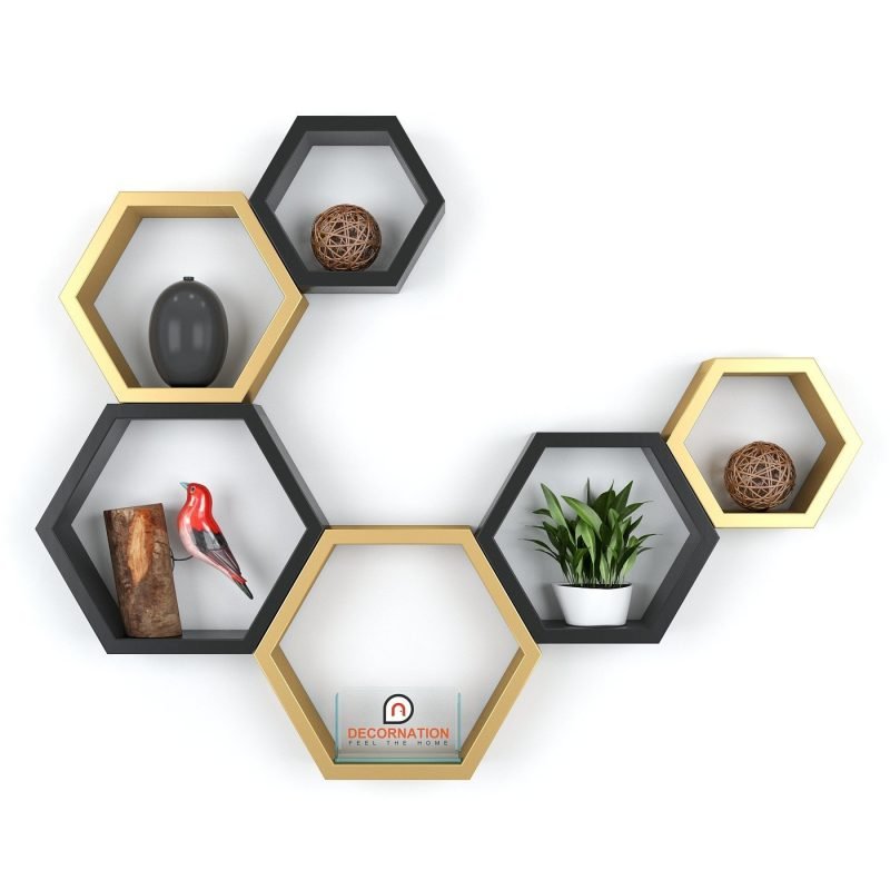 Set Of 6 Decorative Hexagon Wall Shelves - Golden & Black