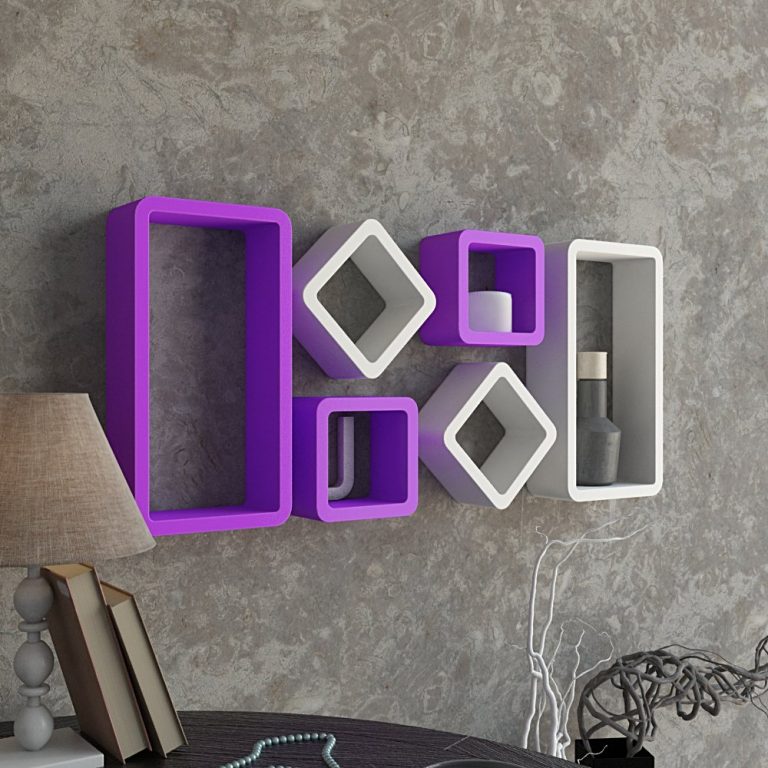 Six Cube Rectangle Wall Shelves Rack - Purple & White