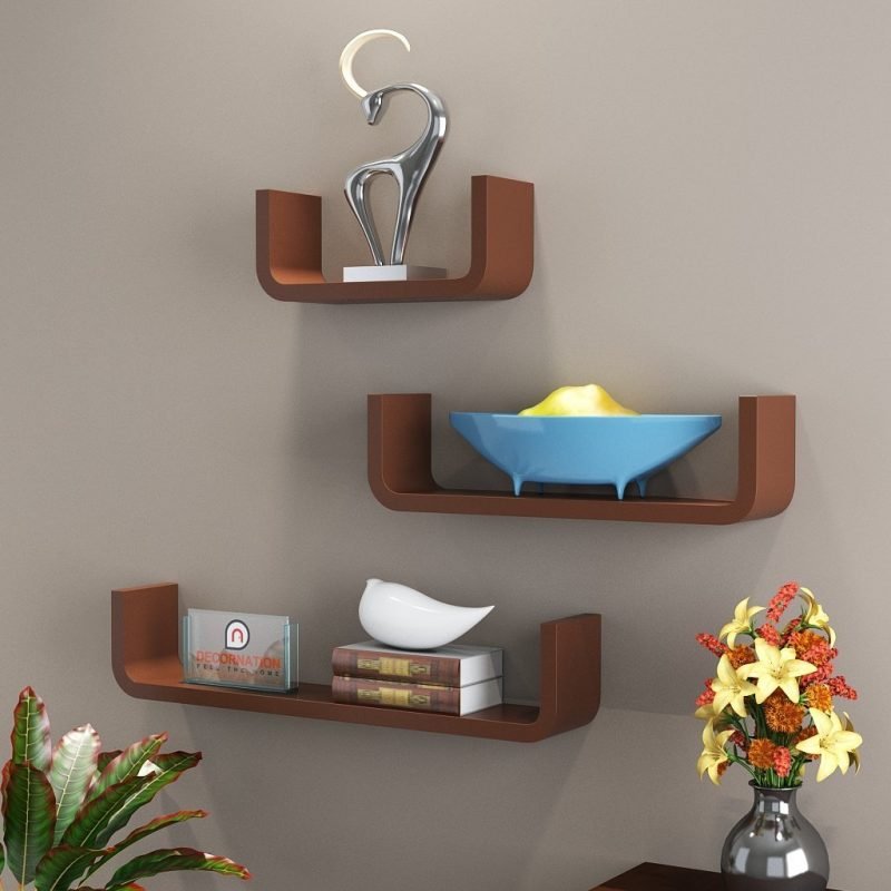 Set of 3 U Shape Round Corner Wall Racks - Brown