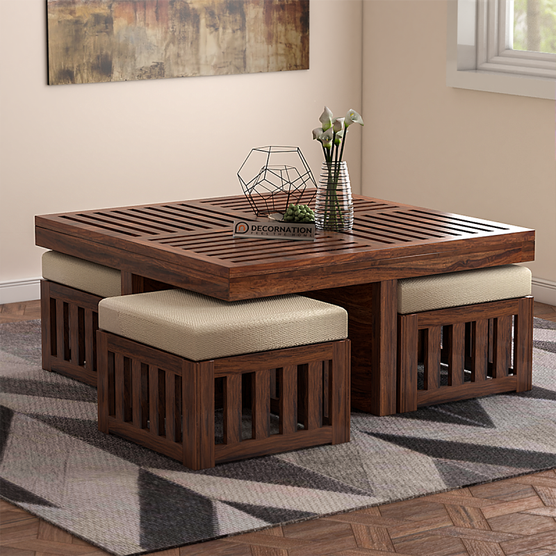 Myron Solid Wooden Coffee Table 2 Stools - Natural Finish - Decornation