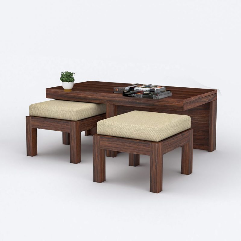 Cambridge Wooden Coffee Table with 2 Stools - Brown - Decornation