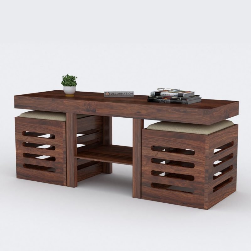 Ely Coffee Table with 2 Stools with Storage - Natural Finish - Decornation