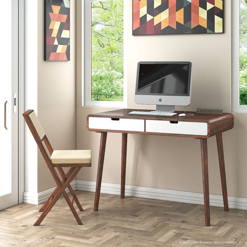 Natalia Solid Sheesham Wood Double Drawer Computer Table - Decornation