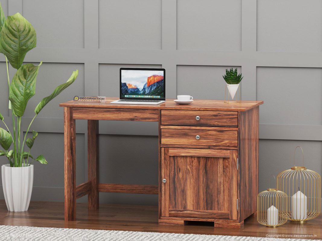 Nerio Sheesham Wood Storage Computer Table With 2 Drawers - Decornation